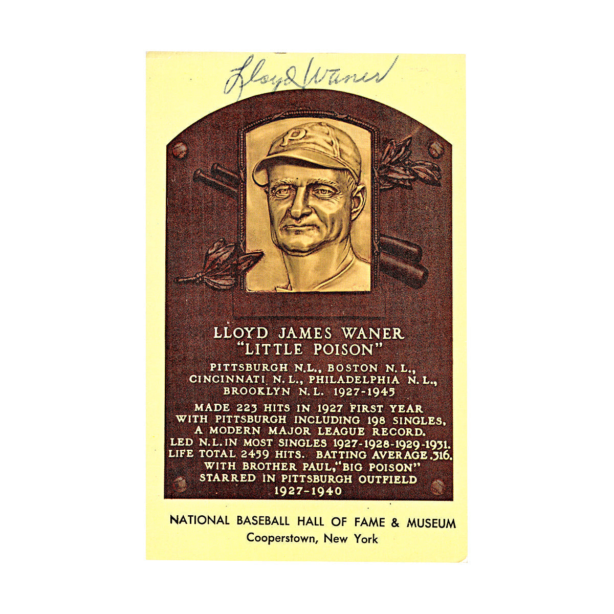 Lloyd Waner Pittsburgh Pirates Autograph Signed Hall of Fame Card (JSA ...