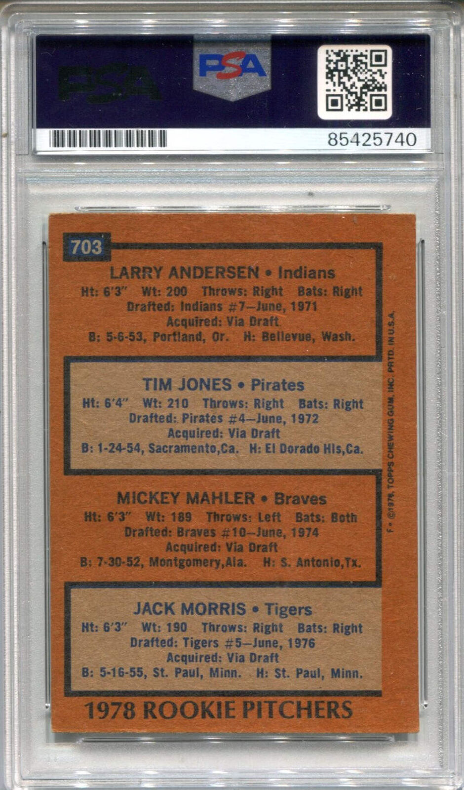 Jack Morris 1978 Topps #78 Rookie Pitchers PSA Auto Authentic card ...