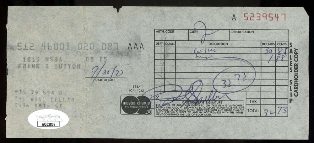 Frank Sutton JSA Coa Autograph 1973 Gas Receipt Signed Gomer Pyle ...