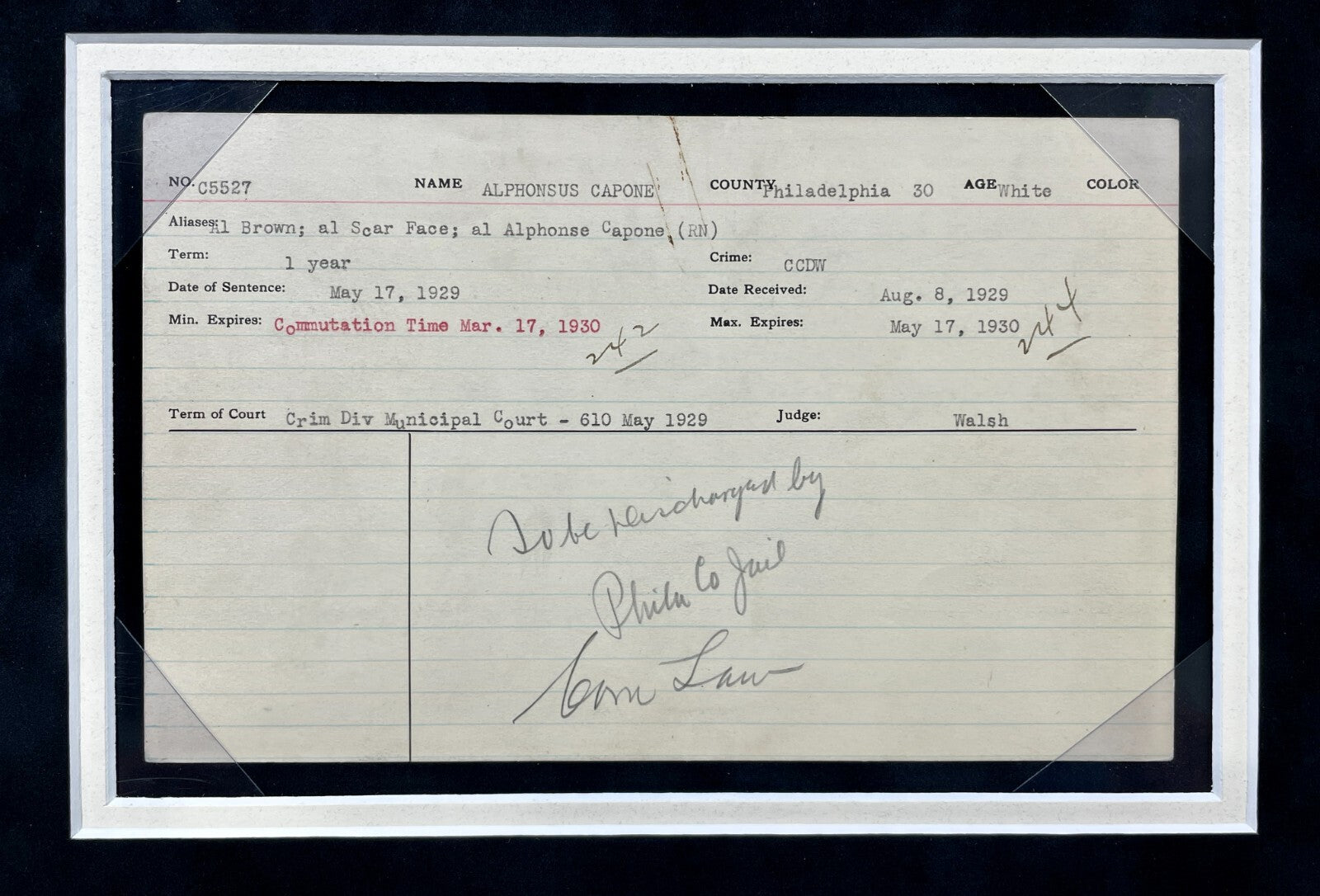 Al Capone Original 1929 Philadelphia Prison Sentence Document Framed M ...