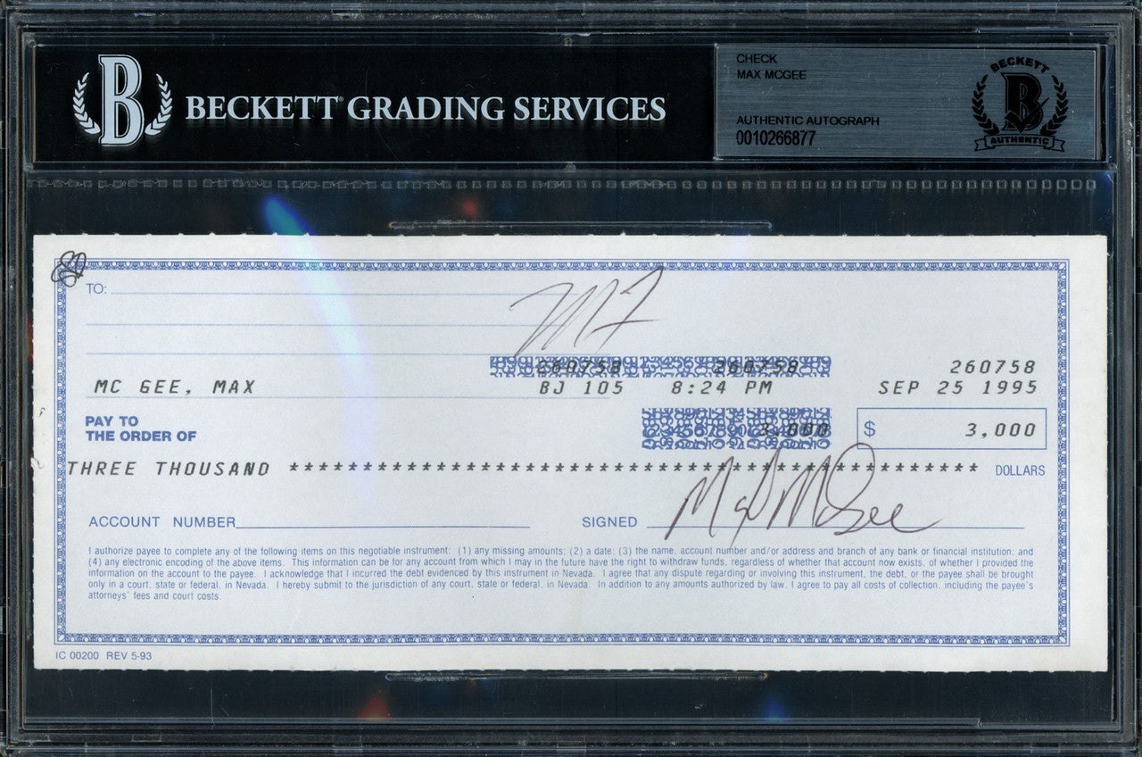 Max McGee Autographed Signed 3.5x8.5 Check Green Bay Packers Beckett B ...