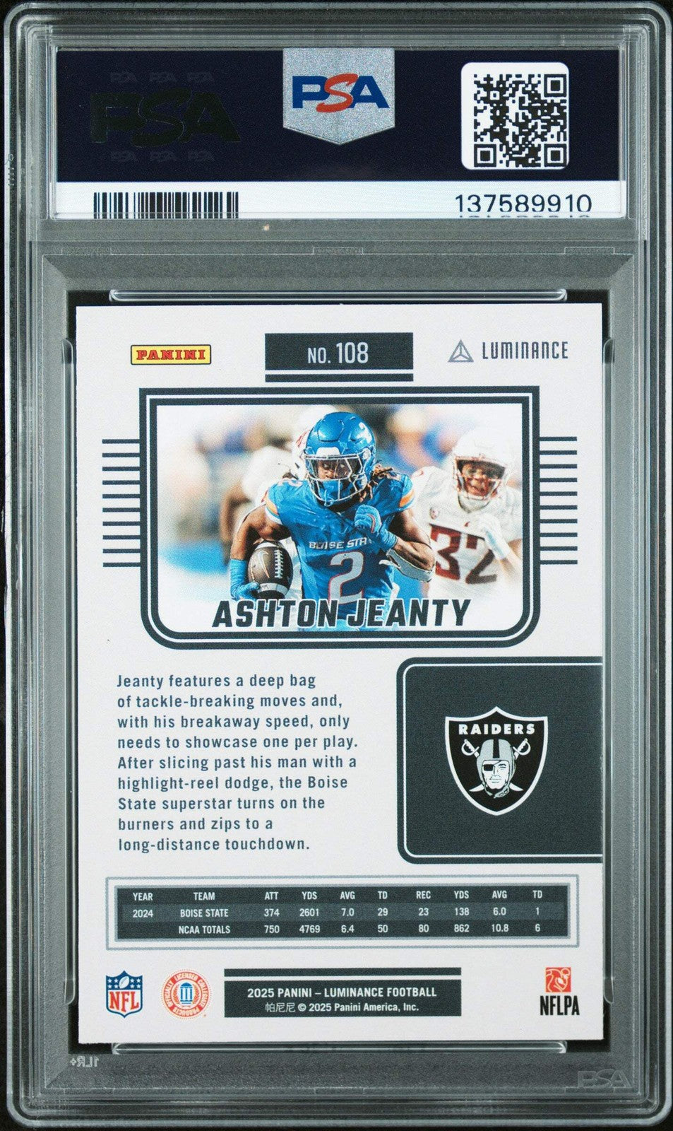 Graded 2025 Panini Luminance Ashton Jeanty #108 Rookie RC Card PSA 10 ...